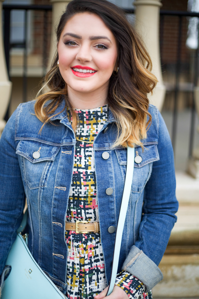 Mae Amor- Zara long sleeve printed dress, denim jacket, grey over the ...